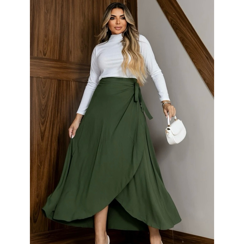 Saia midi lisa várias cores plus size e slim envelope transpassada ...