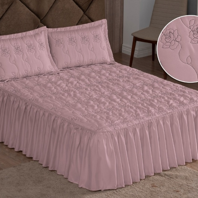 Colcha Casal 3 Peças - Cobre leito Casal Com Babado Tecido Leve e Macio ...