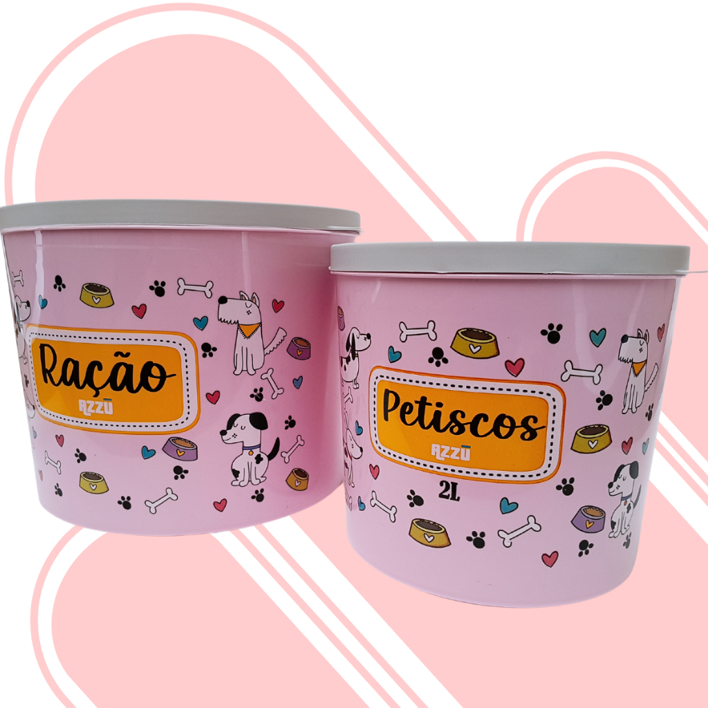Kit 2 Potes Porta Ração e Petisco 2L e 5L Rosa Tampa Maxima Vedação ...