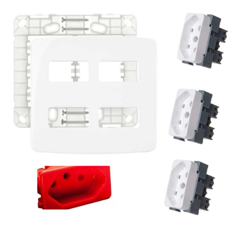 Conjunto 4x4 de 4P com 3 tomadas 10A + 1 Tomada 220v Vermelha Linha B3 ...
