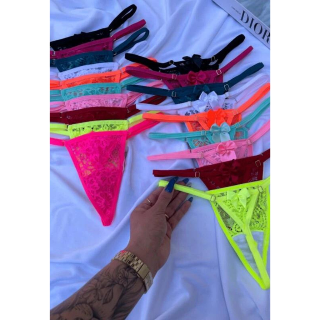 Kit 5 Tangas Em Renda Sensual Com Regulagem Coloridas Calcinhas Fio