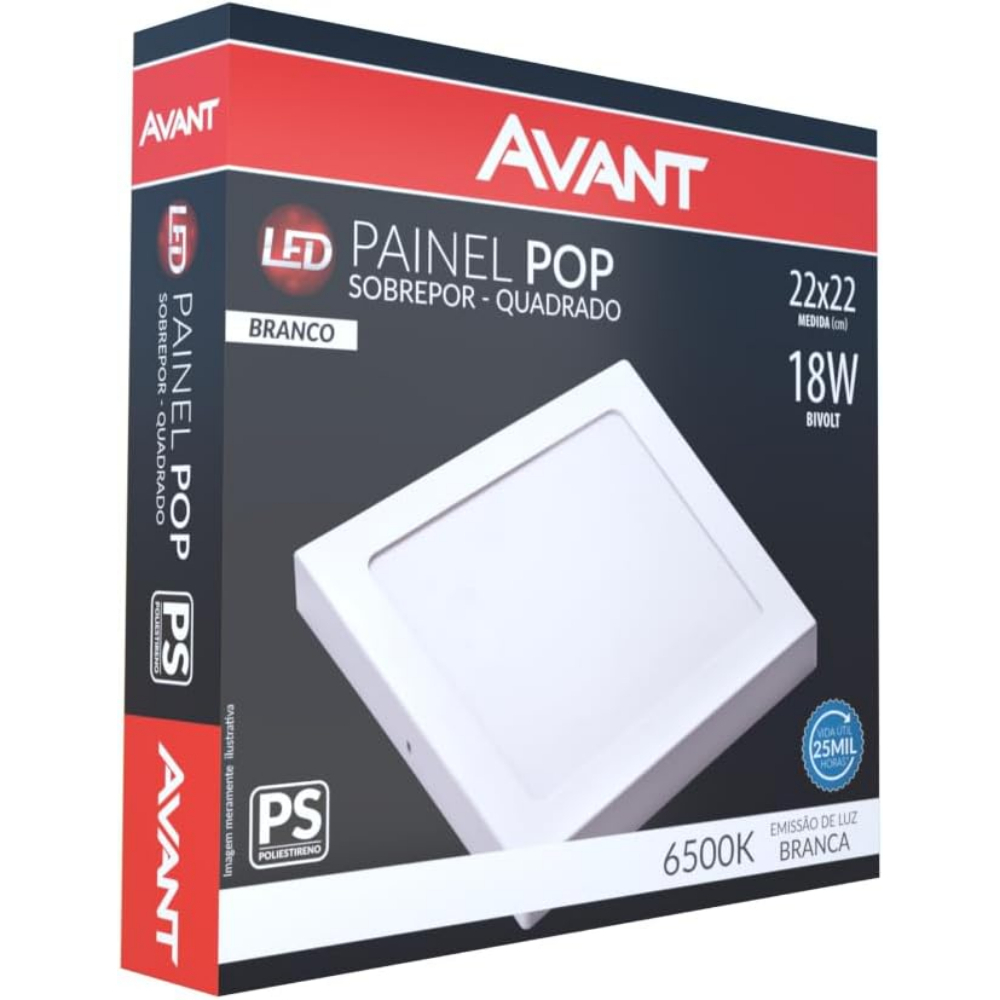 Lâmpada de LED Painel de Aluminio de Sobrepor Quadrado 22cm Luz Branca 6500K 18W Bivolt Avant ...