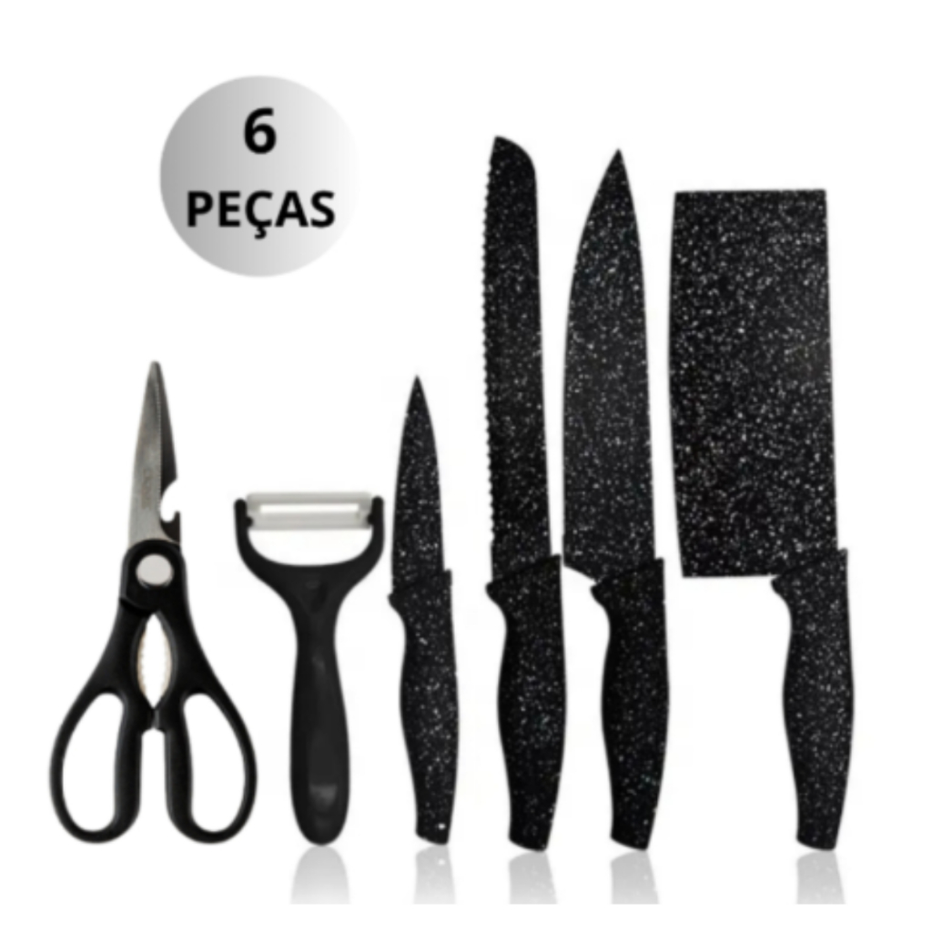 Jogo de Facas Preta Inox Com Tesoura Conjunto 6 Peças Cozinha Corte ...