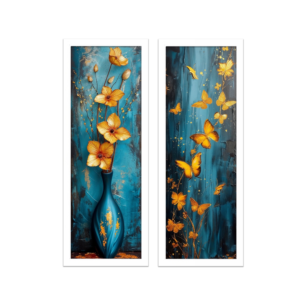 kit 2 quadros decorativos 18x45 cm, arte, pintura, vasos, flores ...