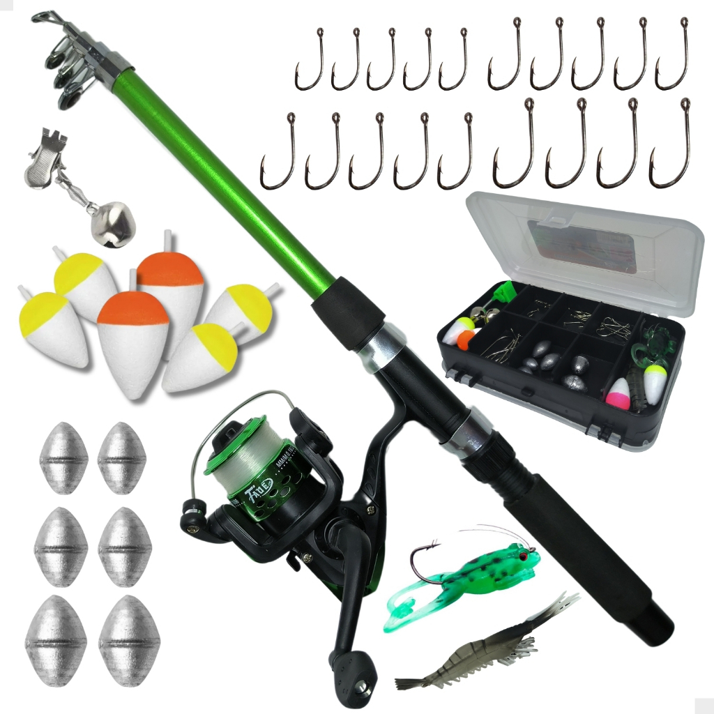 Kit De Pesca Completo e Barato 1 Vara Fibra de Vidro Leve + 1 Molinete Ultra Light e Estojo Com ...
