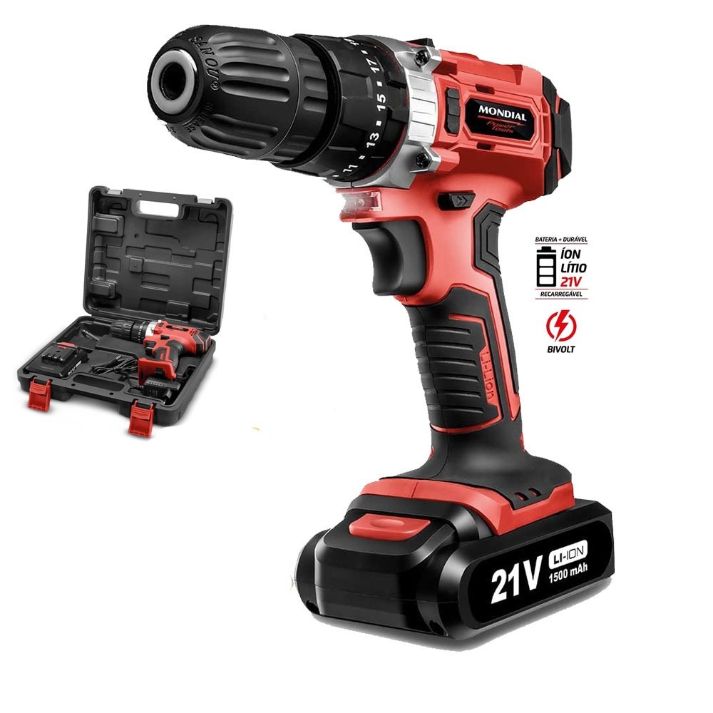 Furadeira e Parafusadeira de Impacto Mondial a Bateria 21V com Maleta ...