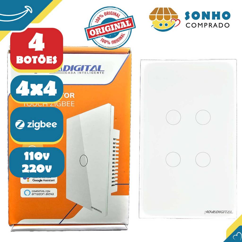 Interruptor inteligente Touch Zigbee com 4 botões ZTS-4WB Nova Digital ...