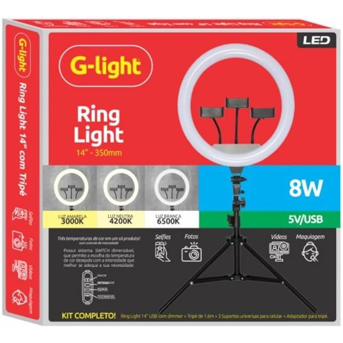 Ring Light Iluminador 14' Polegadas Com Tripé de 1,60 G-light | Shopee Brasil