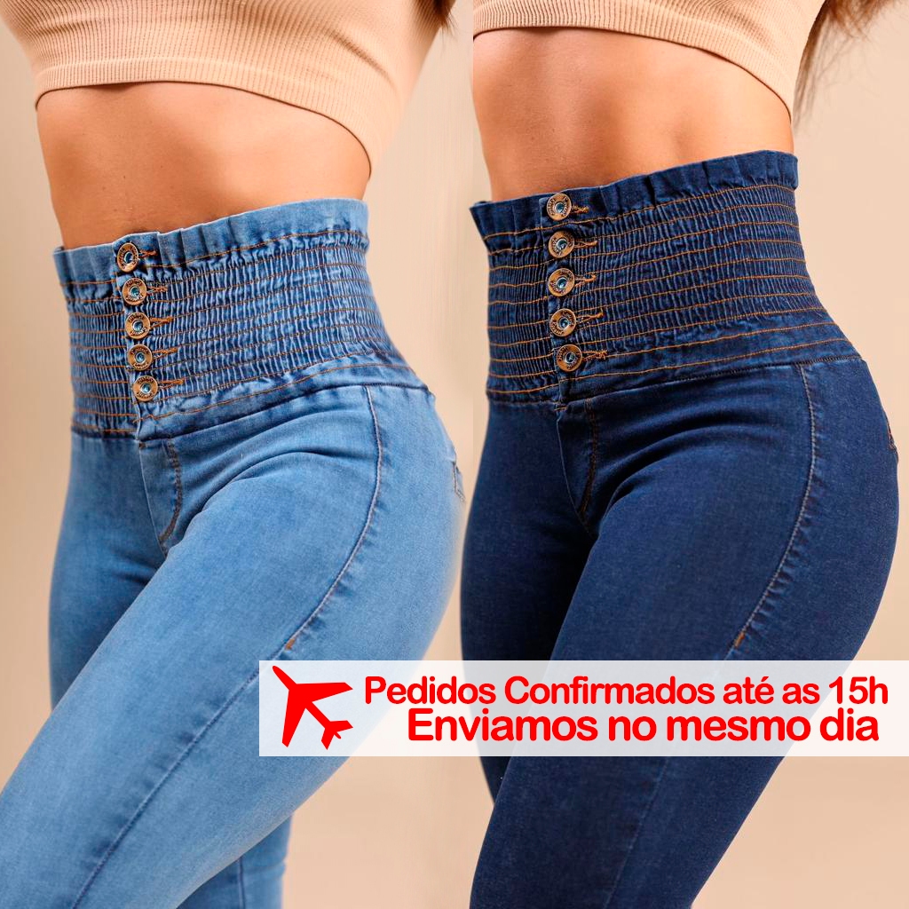 Calça Jeans Lipo Modeladora Flare Com Botão Cós Alto Empina Bumbum ...