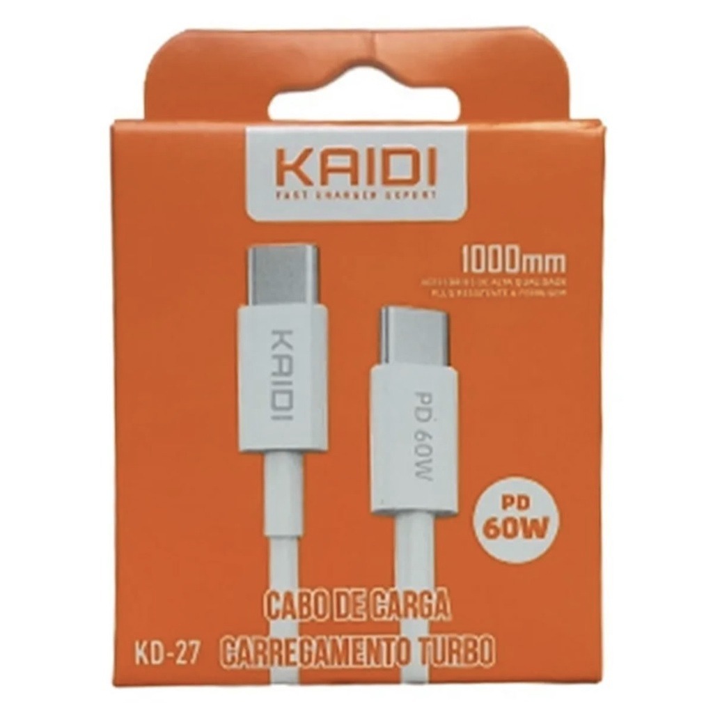 Cabo Carga e Dados Celular Tipo C / USB c Turbo PD 60w 1 Metro Kaidi KD-27 Carregador Type C ...
