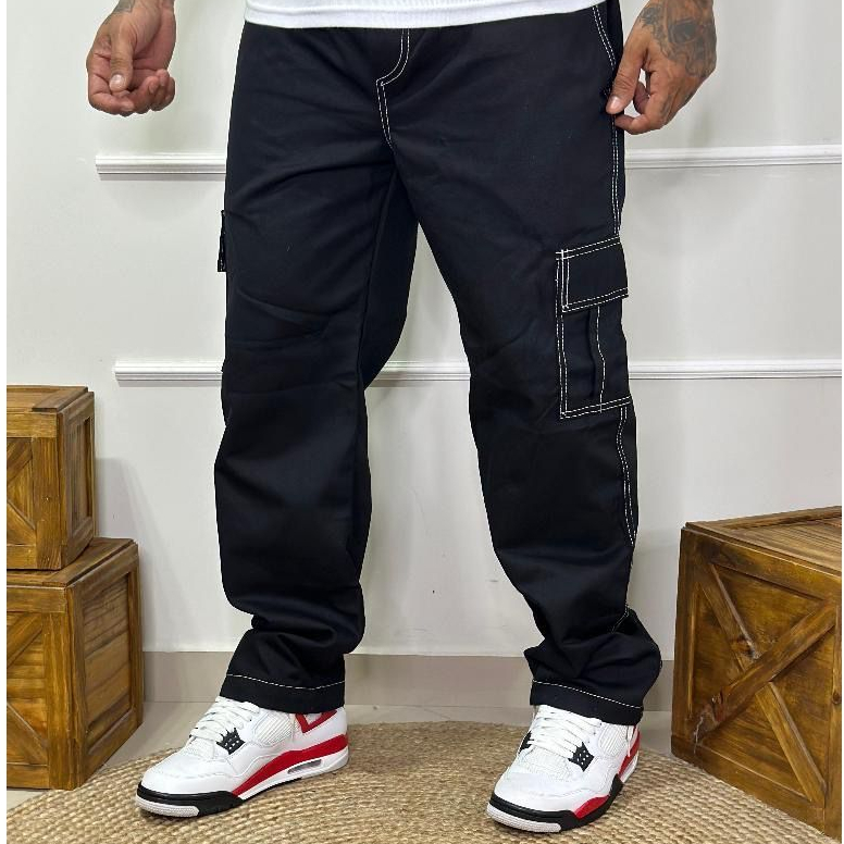 Myself CalÇa Cargo Masculino Preta Com Costura Branca Skatista 5