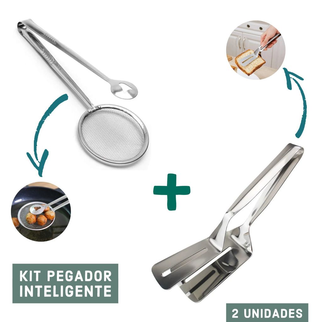 Kit 2 Pegador Inox Fritura Escumadeira Pinça Peneira + Espátula Dupla ...