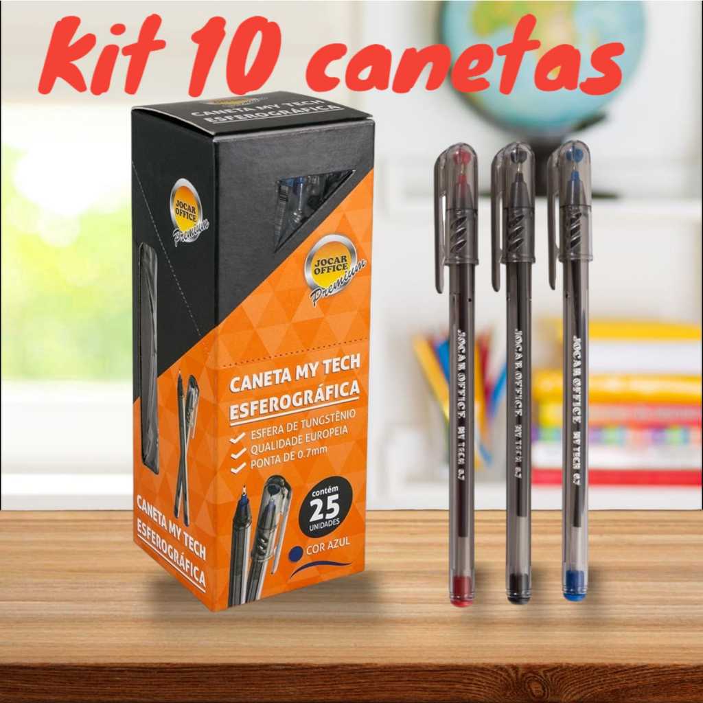 Kit 10 Caneta Esferográfica Azul Preto Vermelho My Tech 0.7mm - Jocar Office | Shopee Brasil
