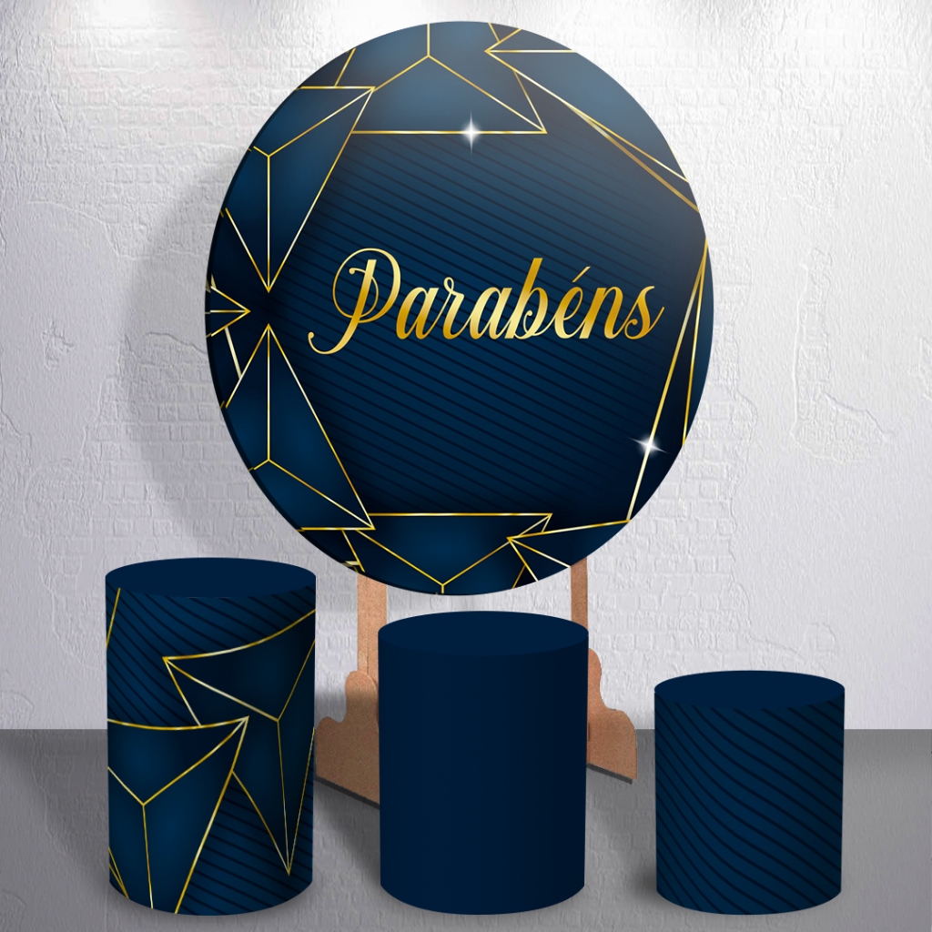 PAINEL FESTA AZUL DOURADO PARABENS REDONDO RETANGULAR TRIO CAPAS DE ...