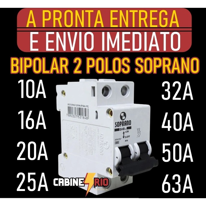 Disjuntor Bipolar 2 Polos 10A 16A 20A 25A 32A 40A 50A 63A SOPRANO | Shopee Brasil