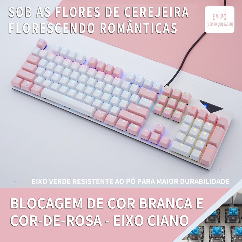 Teclado mecânico rosa + branco com iluminação de fundo em LED | Shopee ...