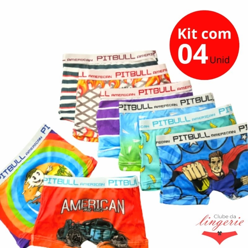 Kit 04 Cueca Boxer Pitbull Cuecas Infantil Estampada ou Cores Lisas Com ...