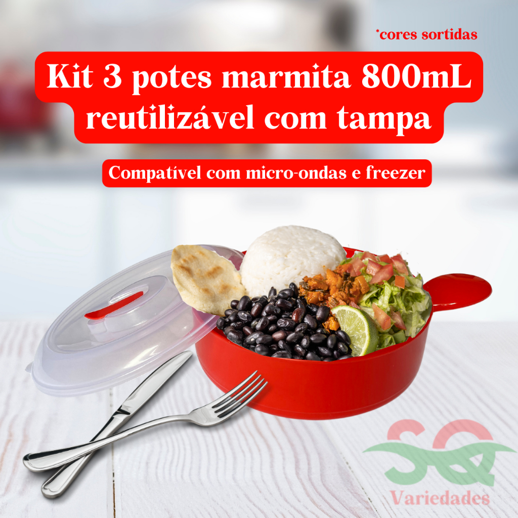 Kit 3 Prato Marmita de 800mL Com Tampa de Segurança Para Freezer e ...