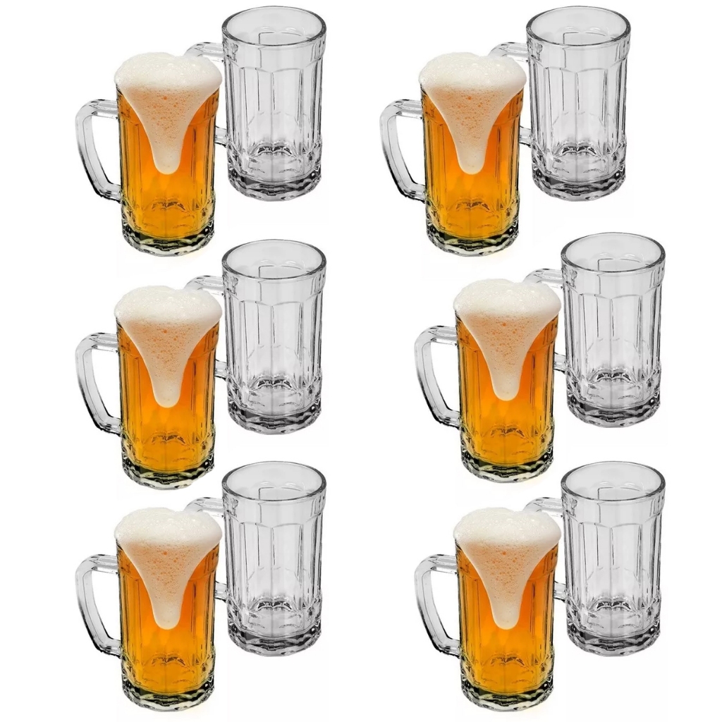 Kit Com 6 Canecas De Chopp De Vidro Grosso E Resistente De 390ml Cerveja Pode Ir Ao Congelador ...