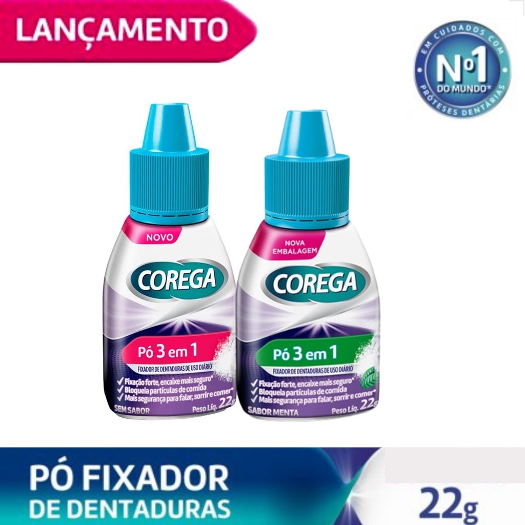 Pó Fixador de Dentadura Corega Forte Fixação Sem Sabor e Sabor Menta ...