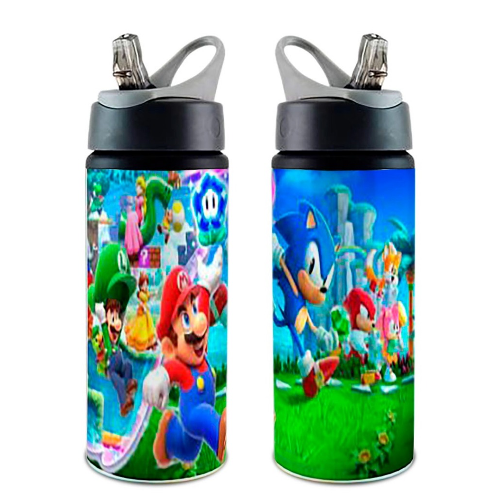 Garrafa Squeeze sonic e Mario Alumínio Bico Retrátil Com Nome | Shopee Brasil