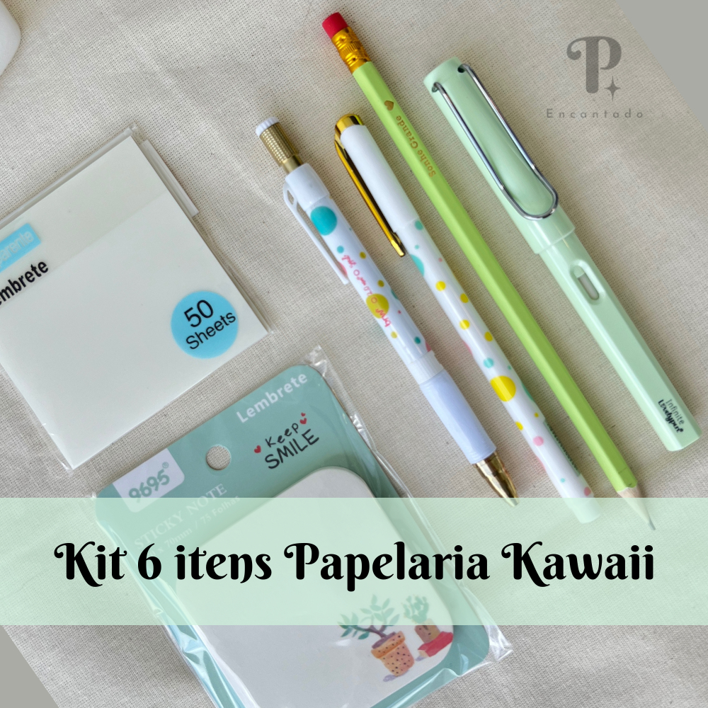 Kit Papelaria Fofa Kawaii Material Escolar - 6 Itens Verde Pastel ...