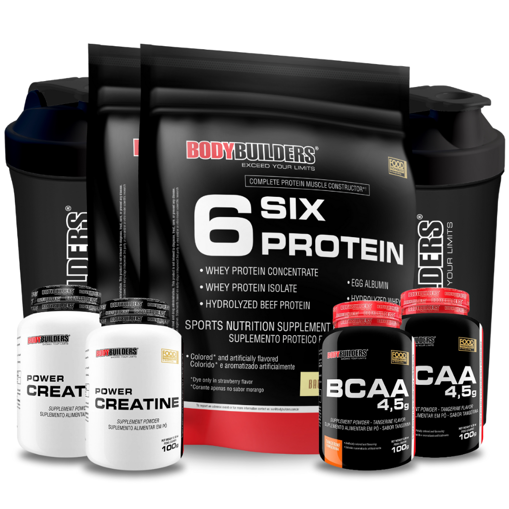 Kit 2x Whey Protein Concentrado 6 Six Protein 900g + 2x BCAA 4,5 100g + 2x Creatina Power 100g ...