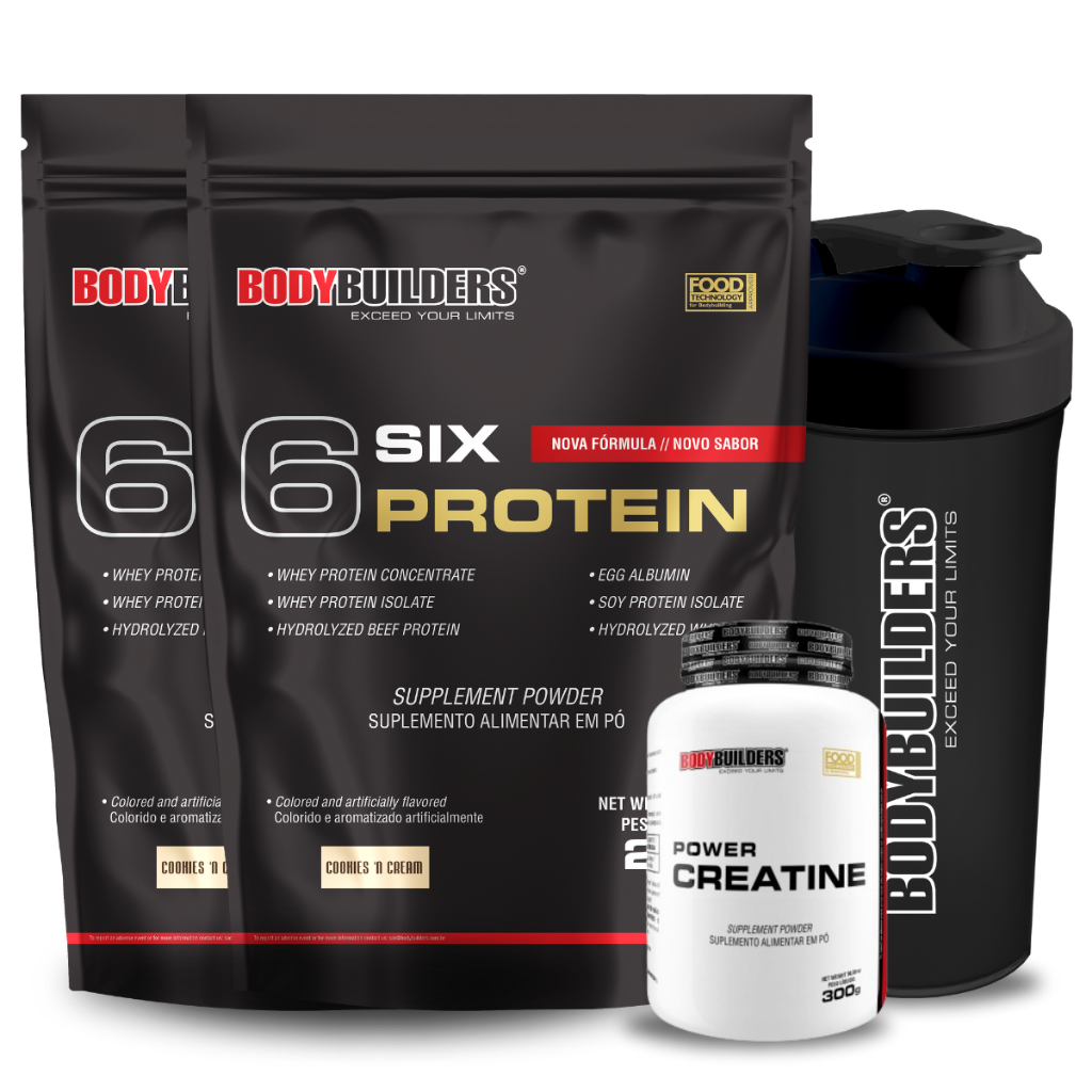 Kit 2x Whey Protein Concentrado 6 Six Protein 2kg + Creatina Power 300g + Coqueteleira Para ...