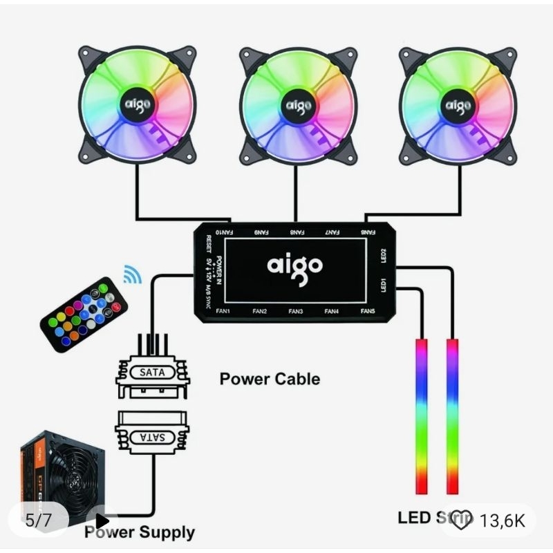 Kit de 5 fans AIGO AR12 ARGB cor preta novo | Shopee Brasil
