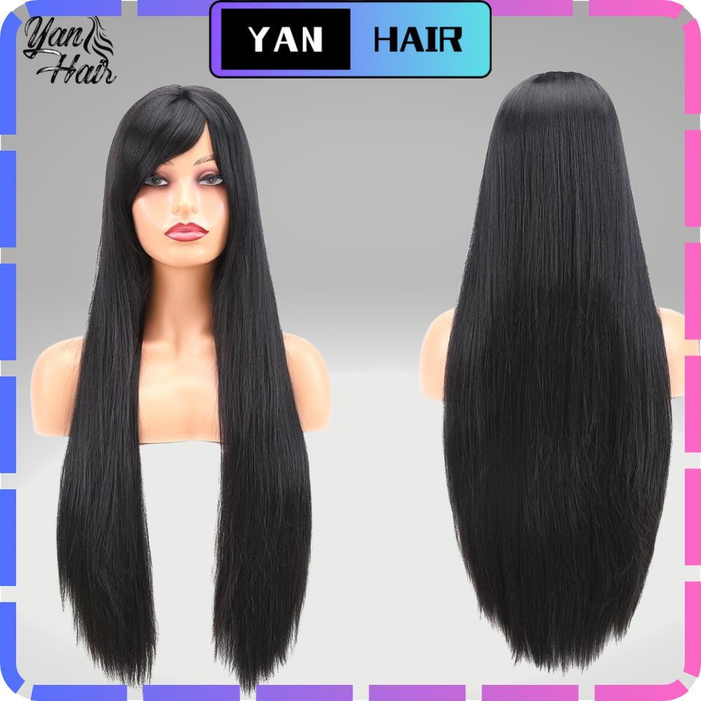 YAN-HAIR Peruca Preta Longa Lisa com Franja 70cm 10O%rganica | Shopee ...