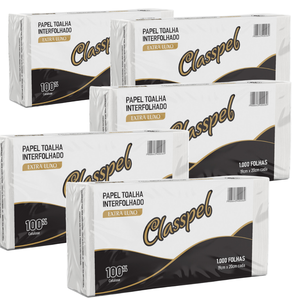 Kit 5 Fardos Papel Toalha Interfolha Branco Luxo 100% Celulose Com 1000 ...