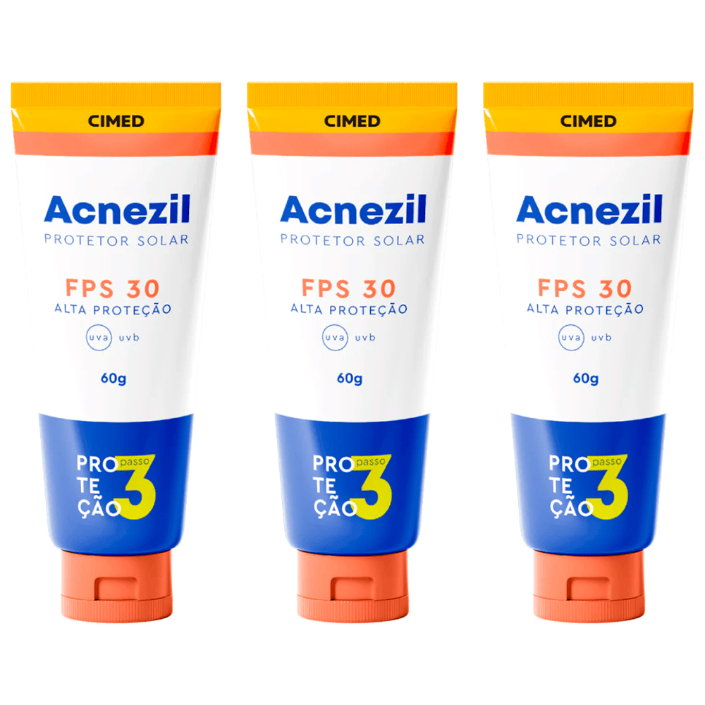 Kit 3 Protetor Solar Facial Acnezil FPS30 Alta Proteção UVA UVB ...