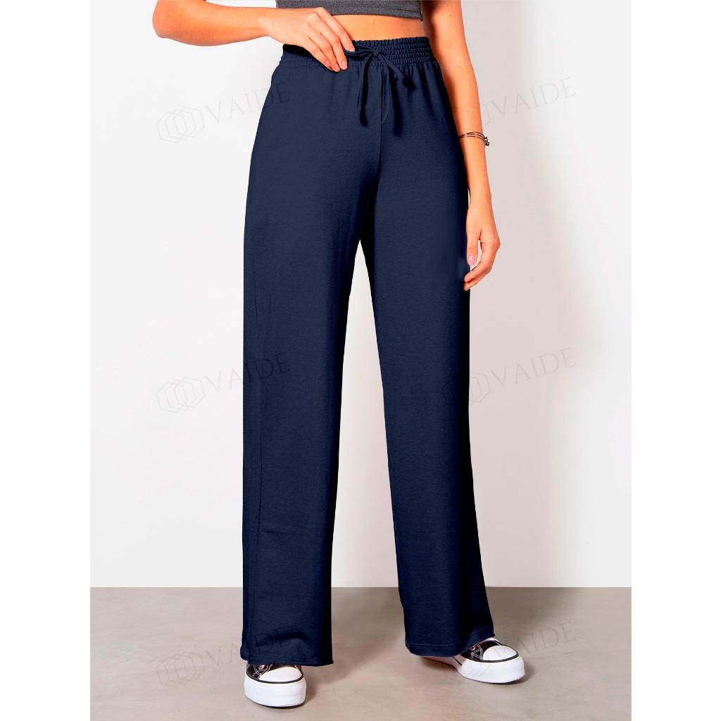 Calça Lisa Pantalona Feminina Confortável Wide Leg Cintura Ajuste ...