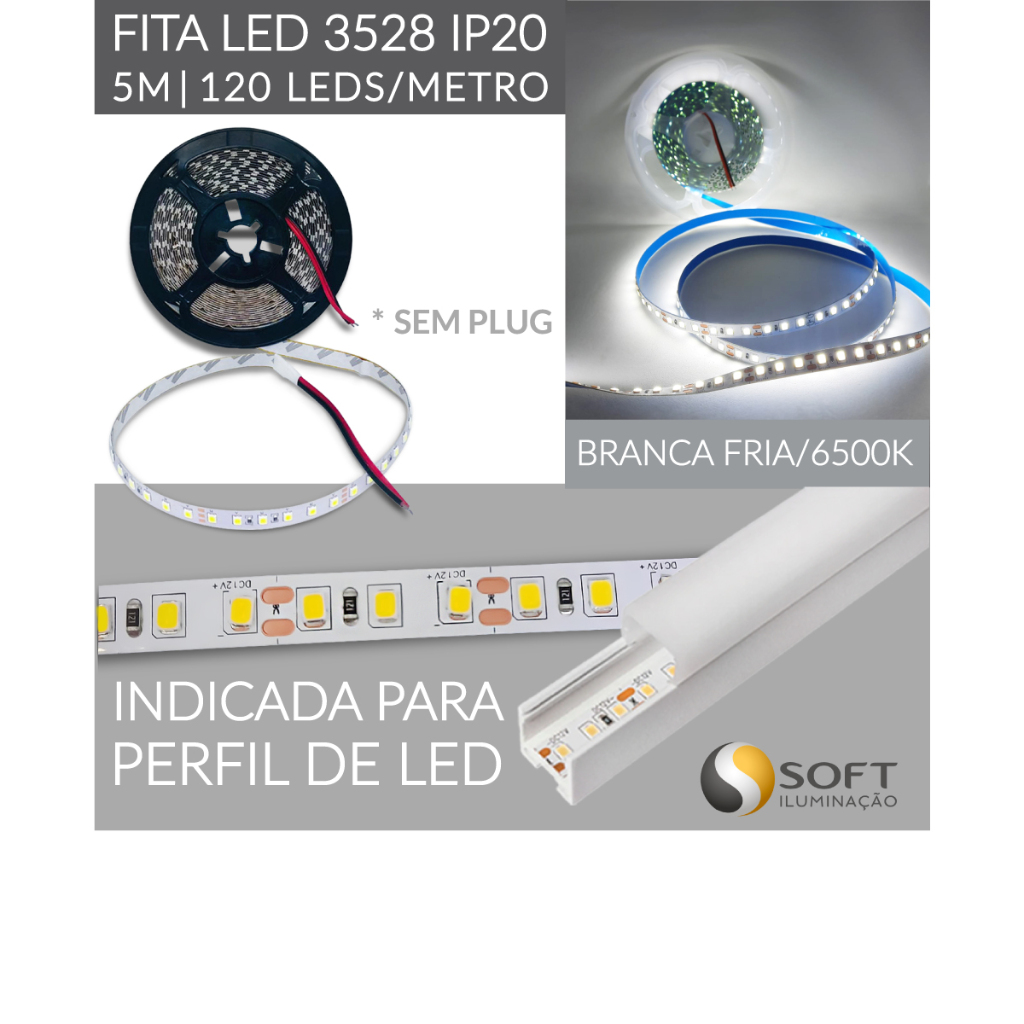 2 Fitas Led Para Perfil 120 Leds Por Metro Rolo 5 Metros Sem Plug Smd 3528 Ip20 Uso