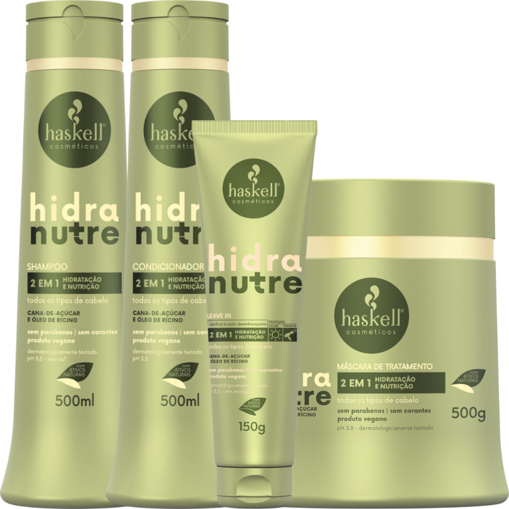 Kit HidraNutre Haskell Shampoo Cond Máscara 500ml Leave 150g | Shopee Brasil