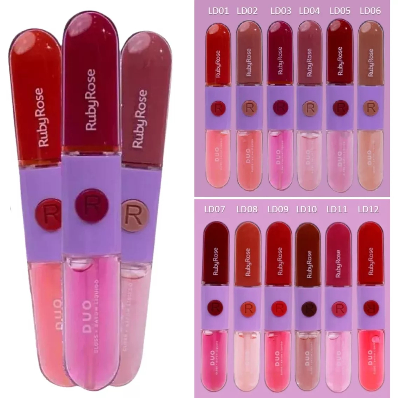 Duo Gloss Batom Líquido Ruby Rose: Pigmentação e Brilho 12 Cores ...