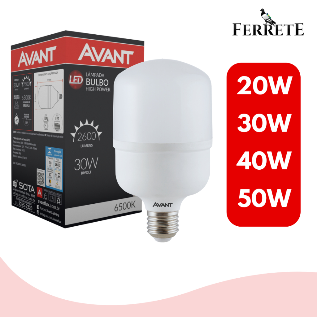 Lâmpada de LED bulbo 20w, 30w, 40w, e 50w. 6500k luz branca Avant | Shopee Brasil