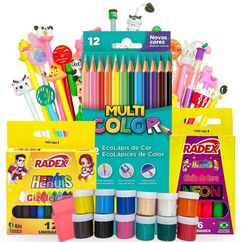 Kit Escolar Lápis de Cor 12 Cores + Guache 12 Cores + Giz de Cera + Giz ...
