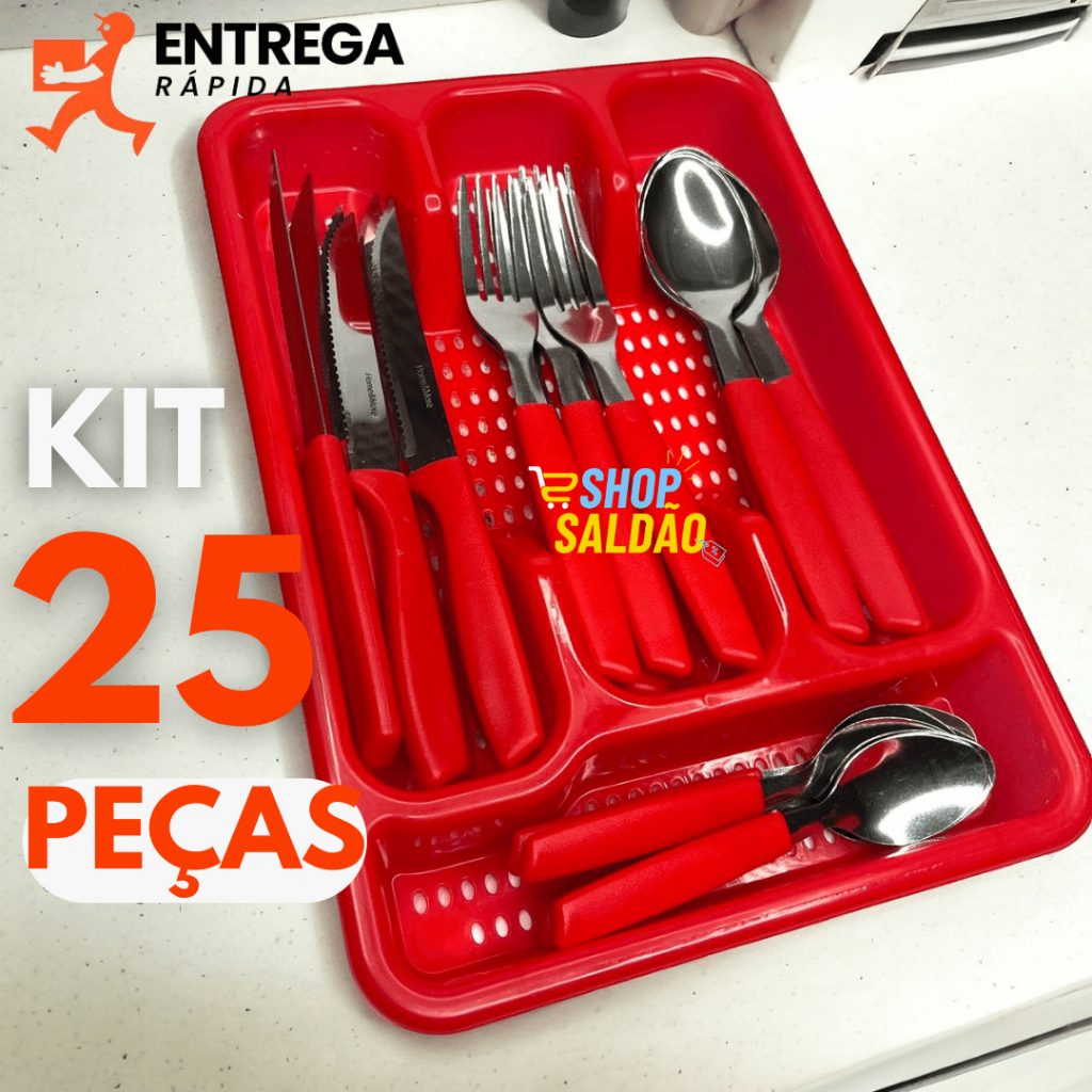 Jogo de Talheres 25 Peças com Suporte Vermelho ou Preto Faqueiro Kit ...
