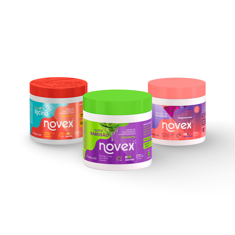 Kit Novex Mini- Cronograma Capilar HNR BABOSÃO + RICINO + COLÁGENO 210G | Shopee Brasil