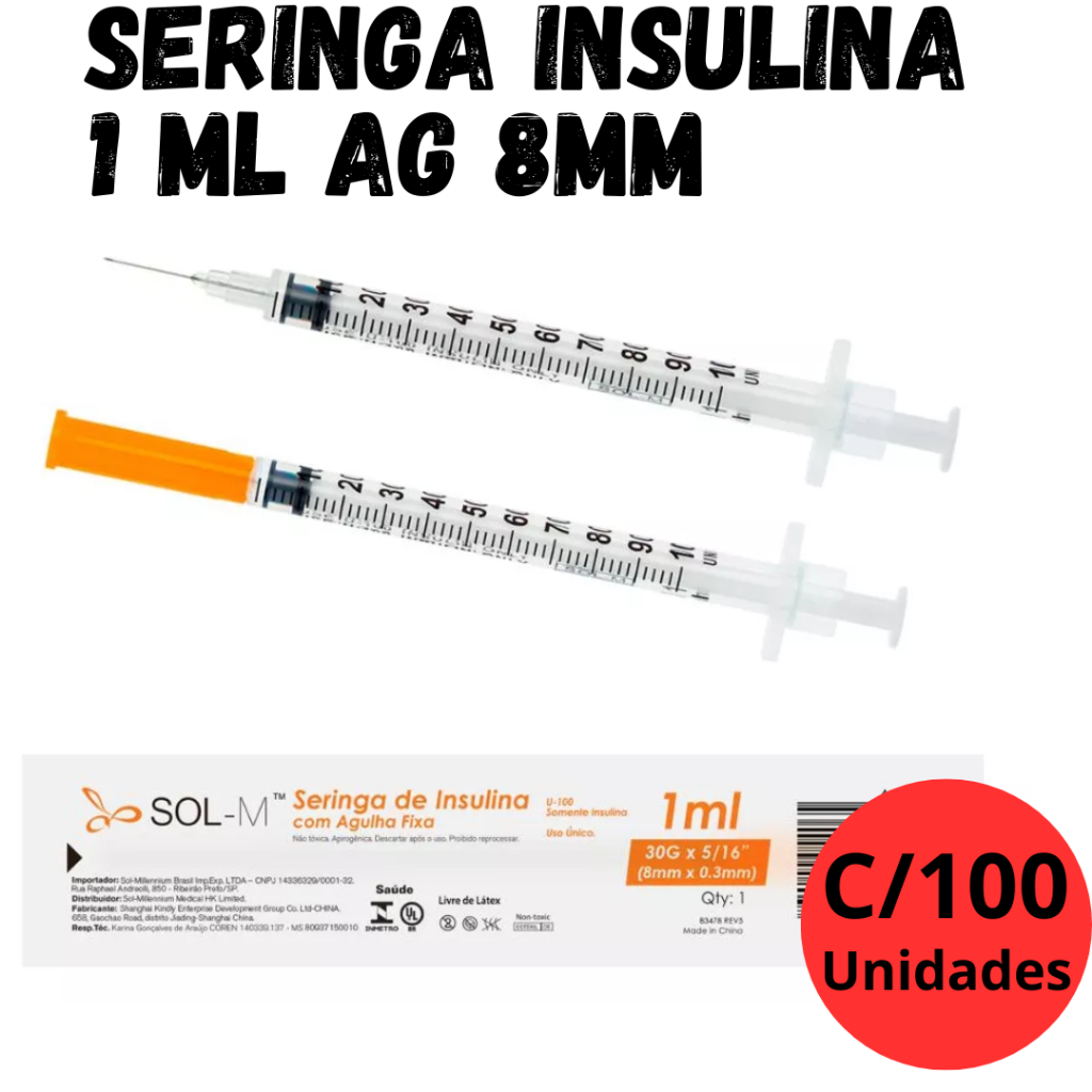 Seringa Para Insulina 1 ML 30G 8mm x 0.30mm Cx/100 Uni. | Shopee Brasil