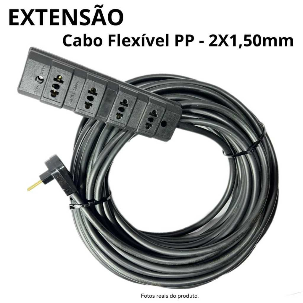 Extensão Elétrica Cabo PP 2X1,5 2X2,5 Plugue 10a ou 20a 10, 20 ou 30 Mt tomada barra 3,4 5 ...