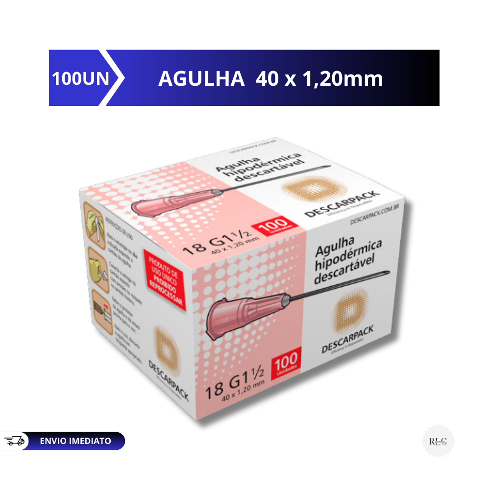 Agulha 40x12mm 18G Hipodérmica Estéril Descarpack Caixa com 100 UN ...