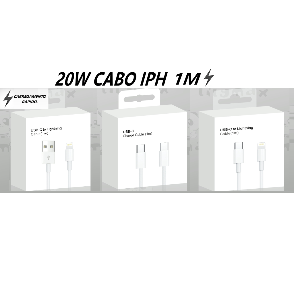 CABO 1M carga rápida IPHONE TYPE-C - IPHONE Três opções de cabos de ...