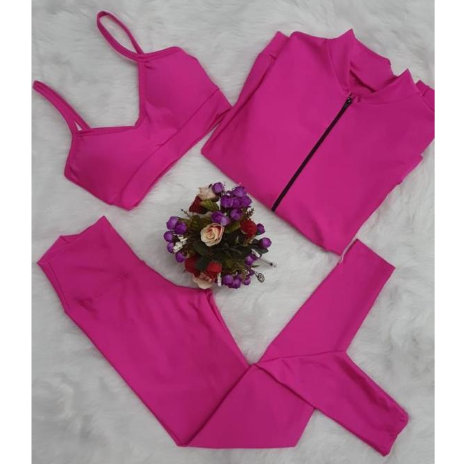 Conjunto Trio Top + Legging + Jaqueta Suplex Fitness Academia Treino ...