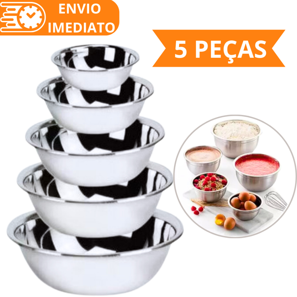 KIT 5 Tigela Bowl 100% Inox Multiuso para Cozinha Casa Restaurante ...