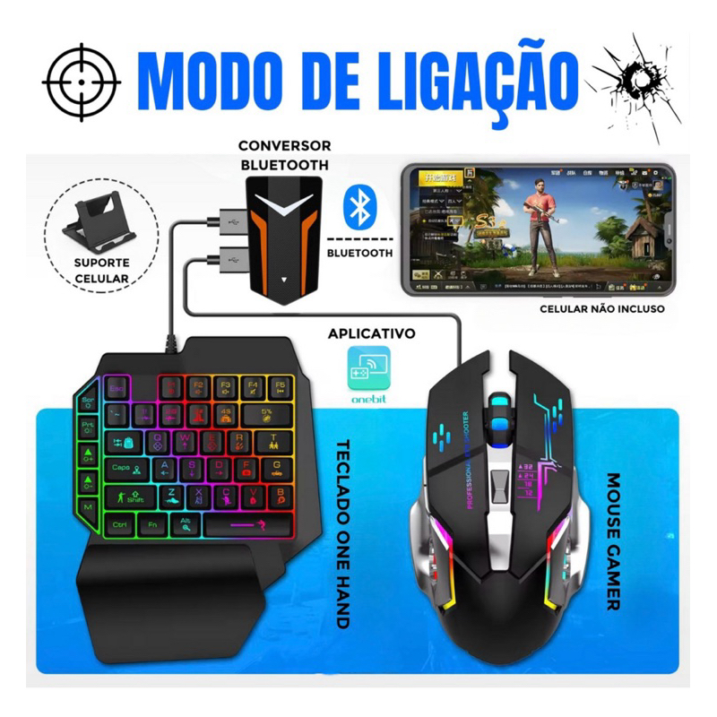 Kit Mobilador Bluetooth Android/IOS Teclado One Hand E Mouse + Kit Cel ...