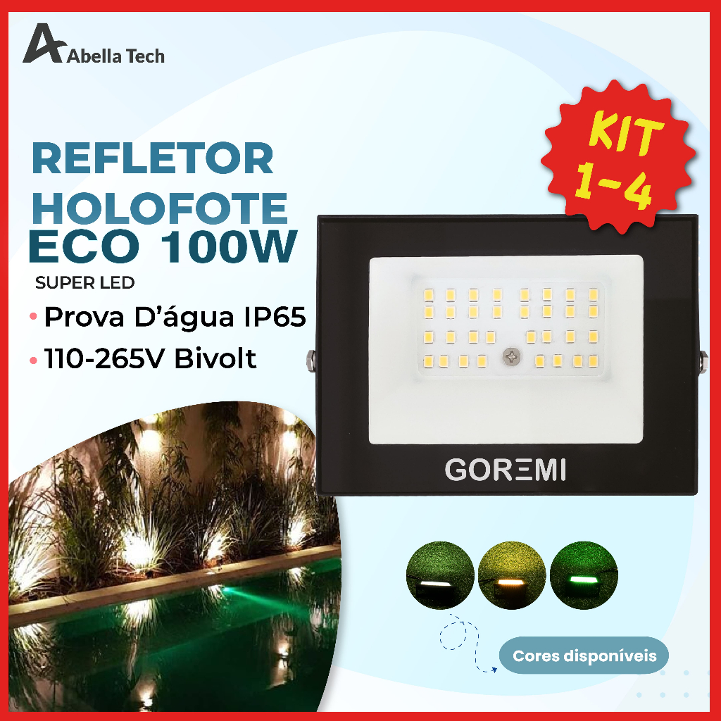 Holofote Refletor Led ECO Pro 100W Branco Frio 6500K (Luz Branca) Branco Quente (Luz Amarela ...