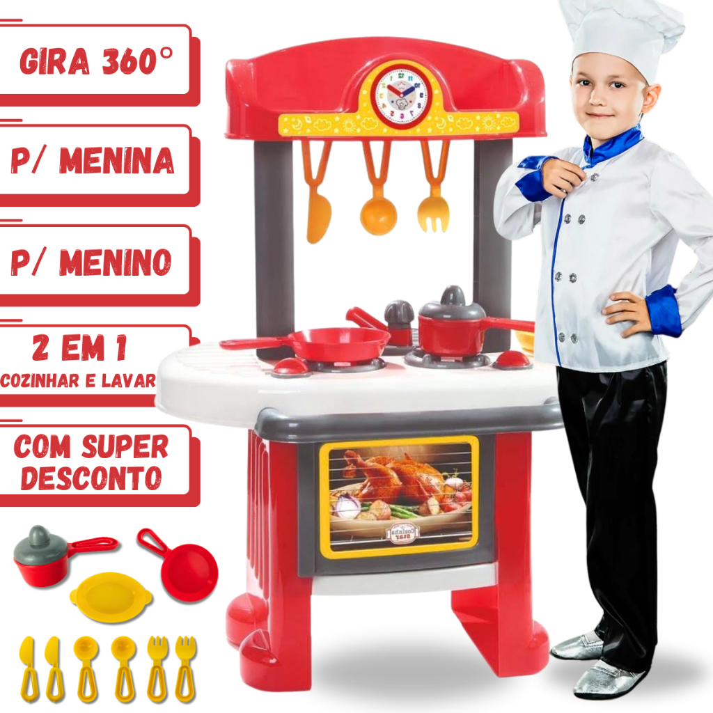 Kit cozinha infantil completa 2 em 1 cozinhar e lavar menino ou menina com acessórios fogão pia ...