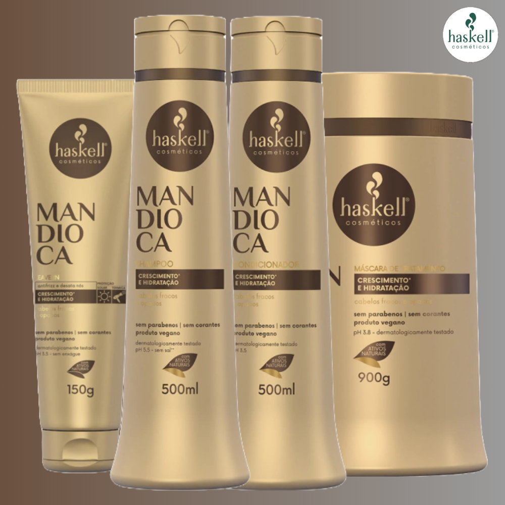 Kit Mandioca Haskell (Shampoo 500ml, Condicionador 500ml, Máscara 900g e Finalizador Leave In ...